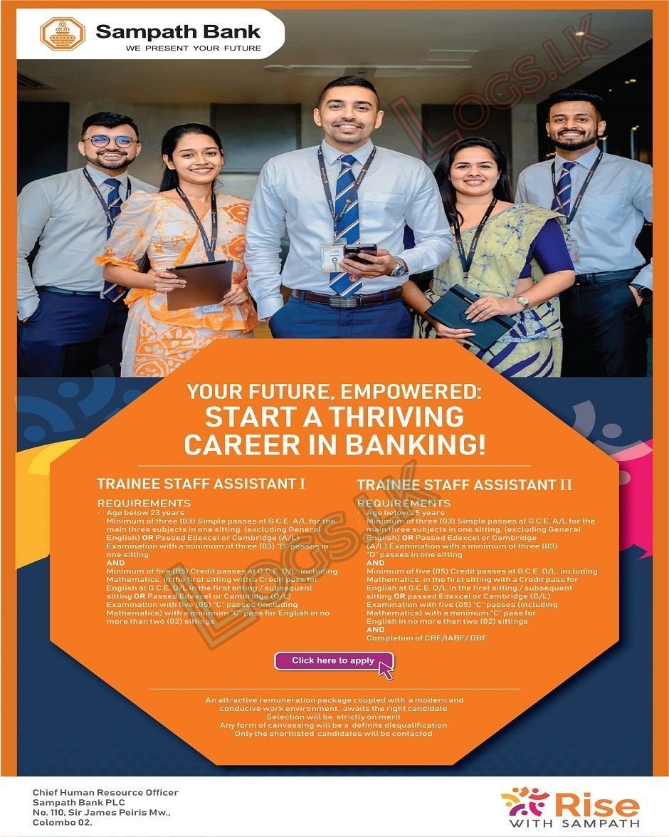 Trainee staff Assistant vacancies 2025-Sampath bank - LogsLk-Srilanka ...